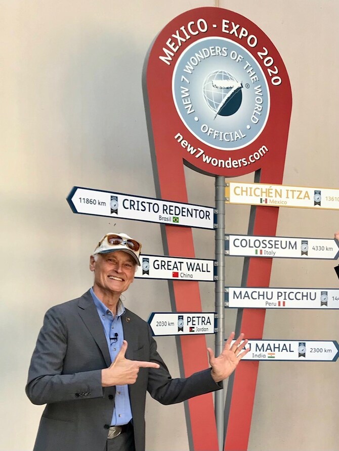 Bernard Weber poses with one of the Wonder Markers during Expo 2020 ...